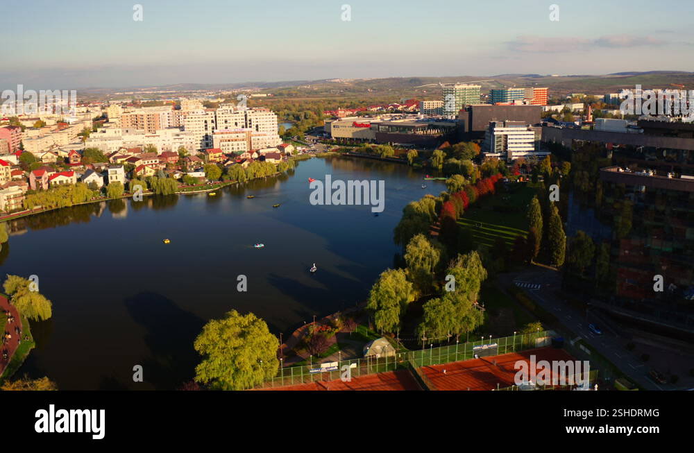 Golden Hour Drone Shot of Iulius park and Iulius Mall in Cluj-Napoca ...