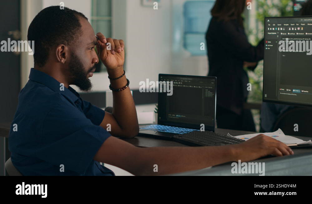 Software developer brainstorming ideas to write code and create new interface Stock Video ...