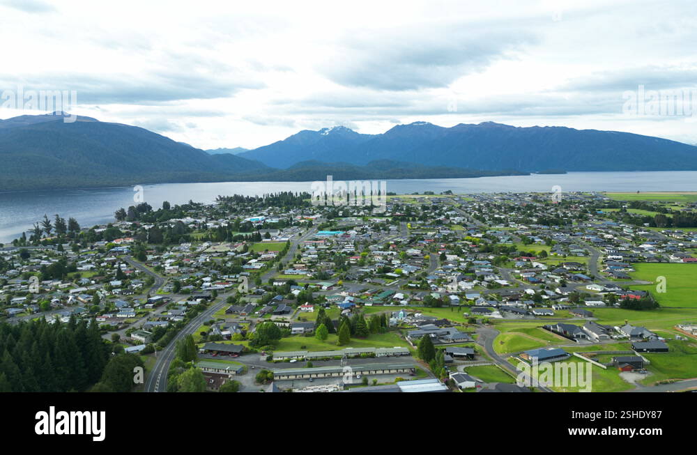 Te Anau town. Gateway to Fiordland national park. Aerial drone view ...