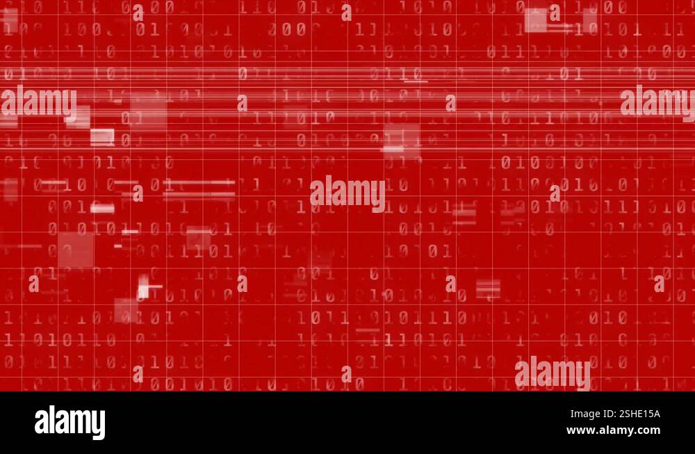 Animation of glitch effect over binary coding data processing against ...