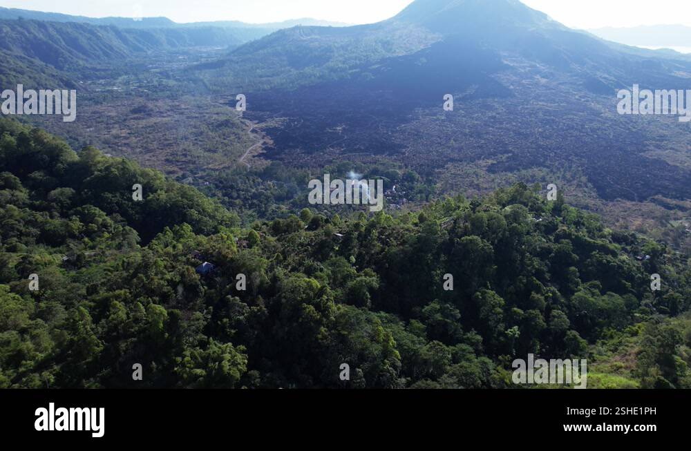 Green trees grow at slope of caldera, black lava field at bottom of ...