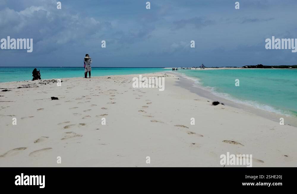 PEOPLE TAKE photos selfies use mobile phone on sandbank, CAYO DE AGUA ...