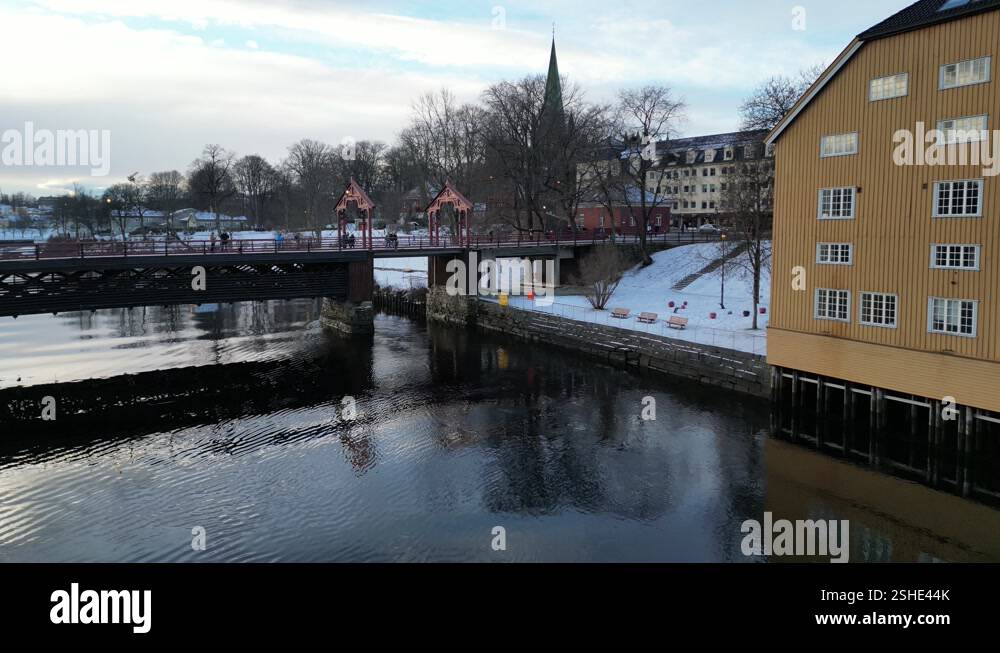 Drone footage showing famous bridge in Trondheim, Norway. It's name is ...