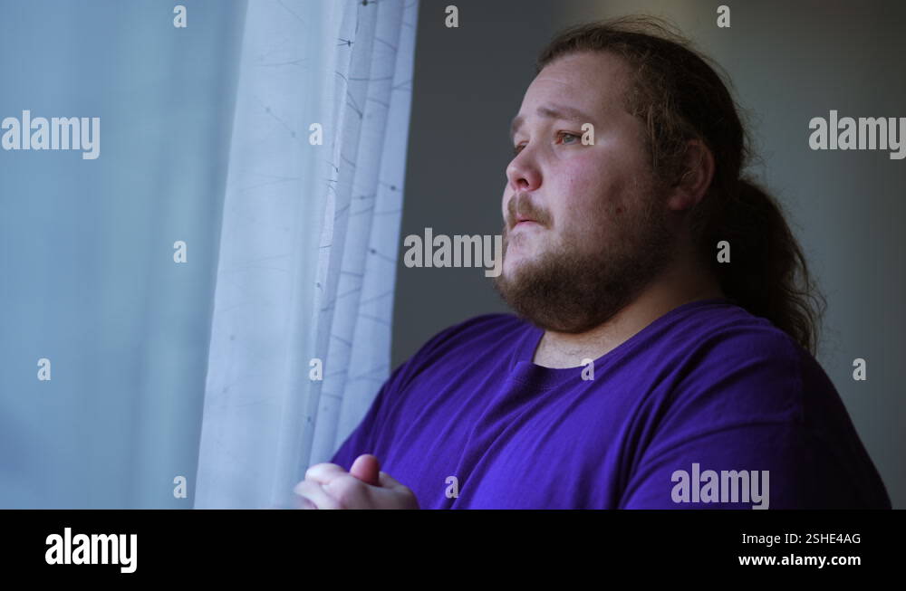 One anxious chubby man feeling worry and anxiety. Desperate person ...