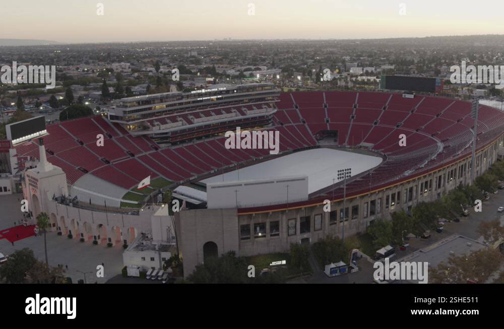 Empty American football stadium in Los Angeles during sunset, aerial ...