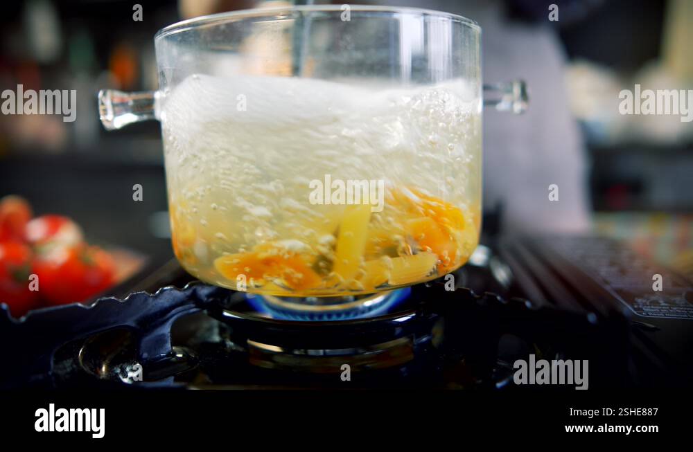 Pasta Boiled In Hot Boiling Water In Pan. Italian Cuisine. Pasta ...
