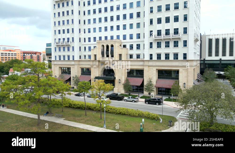 Aerial approach The Plaza Coral Gables Miami FL 4k low angle Stock ...