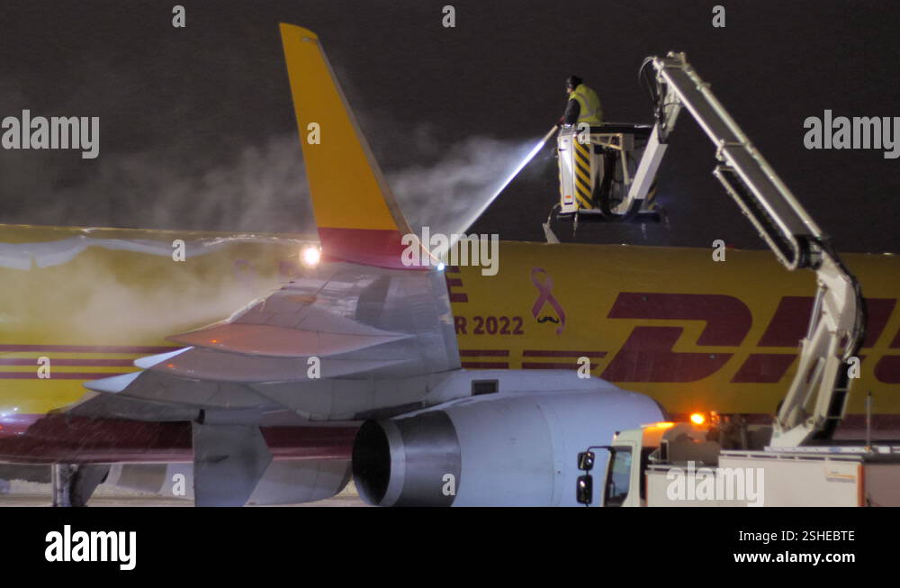 DHL Cargo Aircraft, Boeing 757 de-iced at Brno airport, Czech republic ...