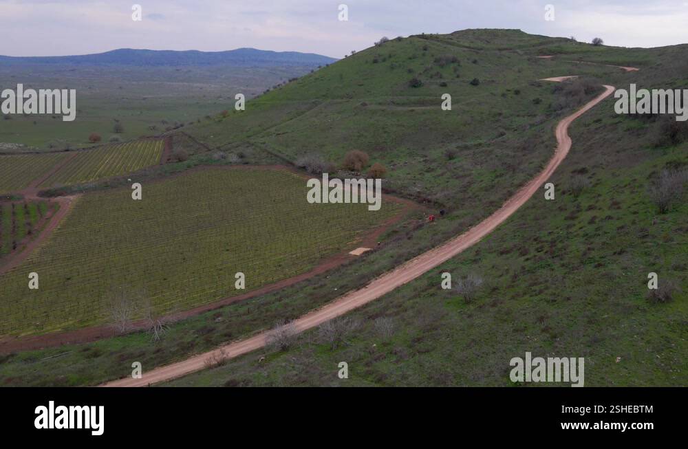 Aerial view of rugged terrain and dirt road on Mount Shifon slope ...