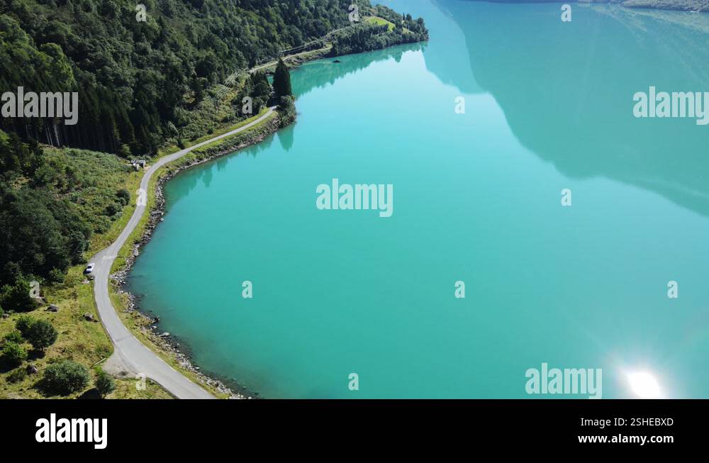 Lovatnet glacier lake and Breng seter historical farm houses. Drone ...