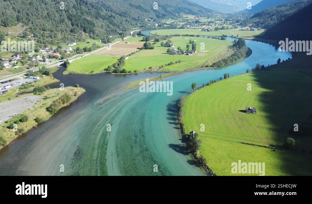 Beautiful bend of glacier river in Stryn, Norway. Drone footage Stock ...