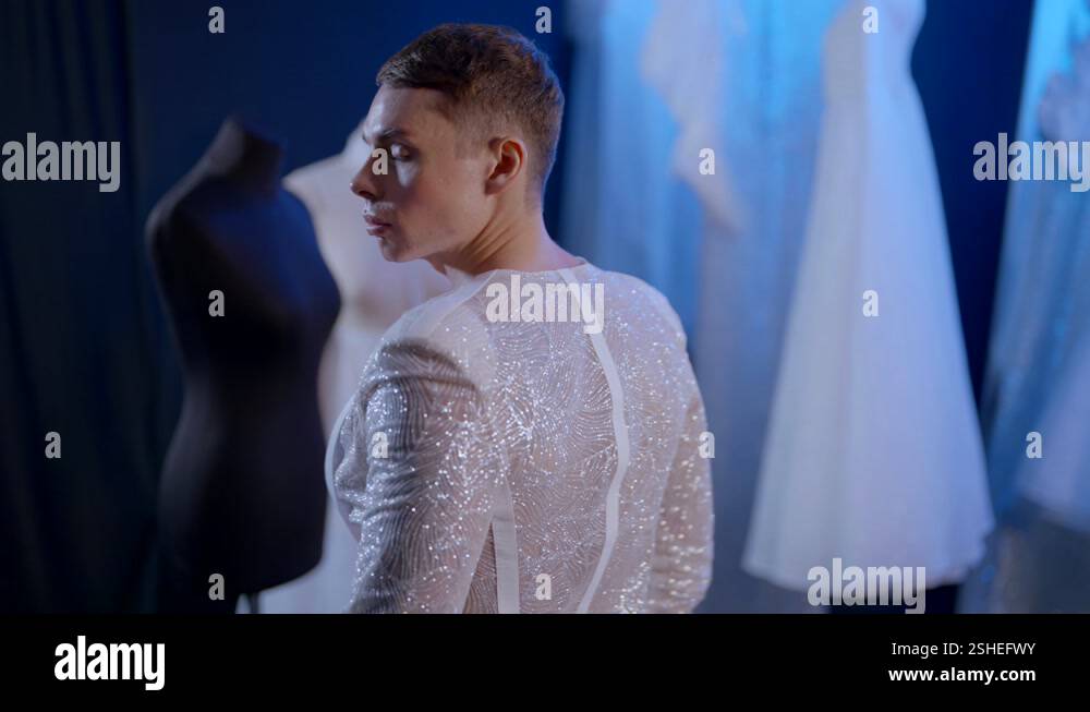 handsome guy man in shiny scenic costume, portrait of actor of drag ...