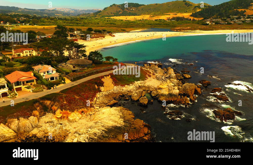 Aerial Shot Of Residential Houses By Beach, Drone Flying Backward Over ...