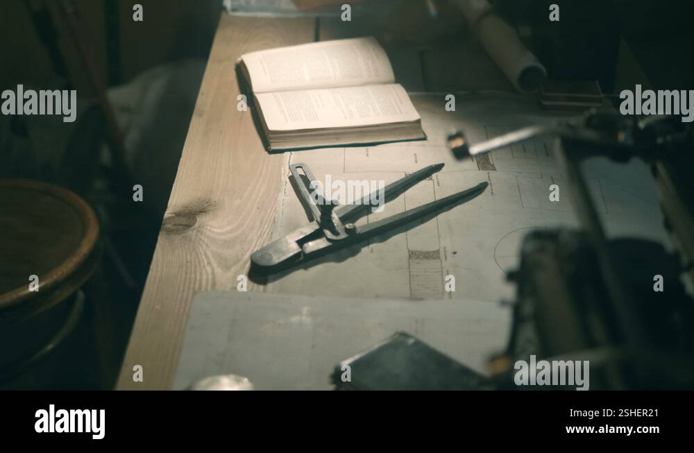 In the twilight, the table of an ancient archaeologist, explorer ...