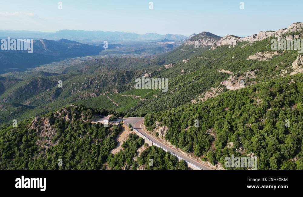 Panoramic Winding Road and Green Mountains in Sardinia, Italy - Aerial ...