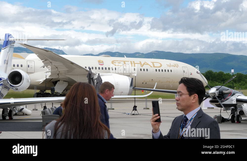Etihad Boeing 787 At The Geneva Airport For The European Business Aviation Stock Video Footage ...