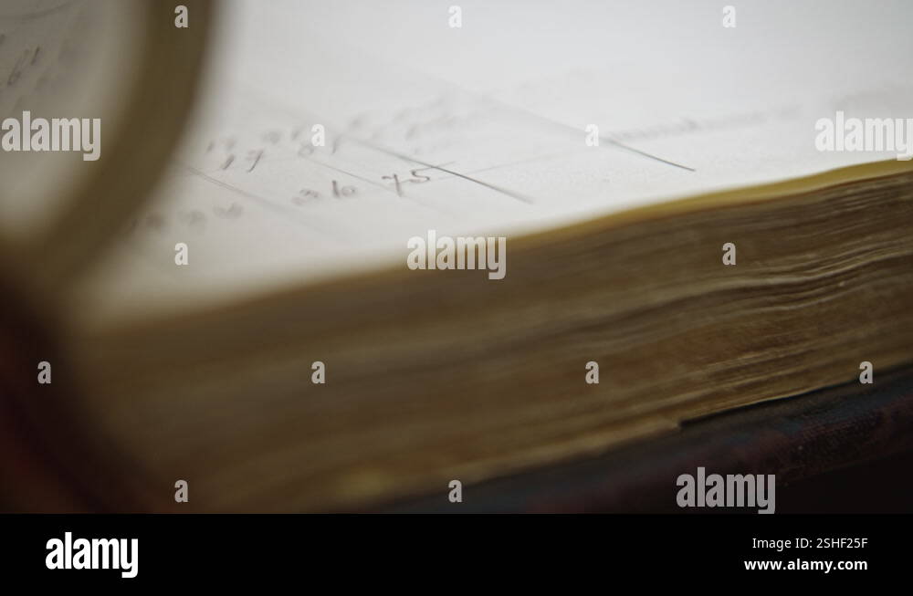 Close up of flipped pages of an old book with handwritten markings ...
