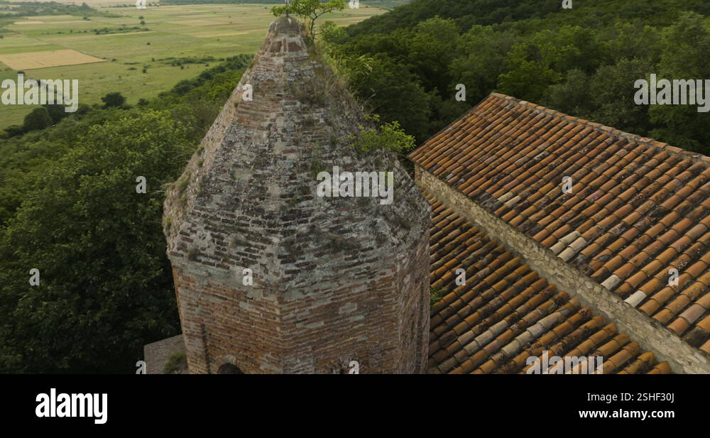 Orbit Aerial of Church Tower at John the Baptist Church of Zemo Alvani ...