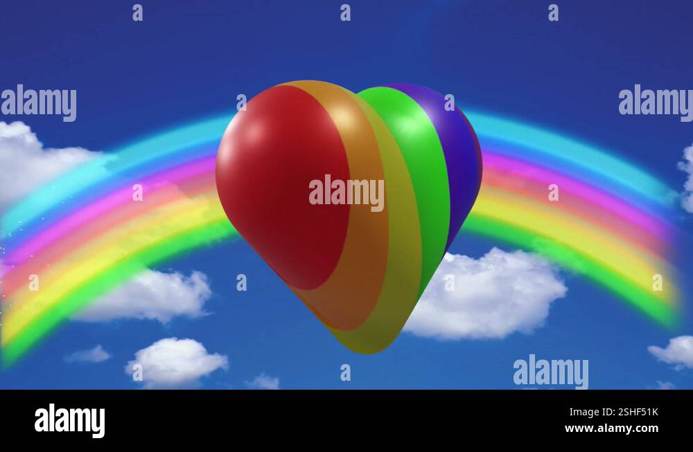 Animation of rainbow heart moving over rainbow and sky with clouds ...