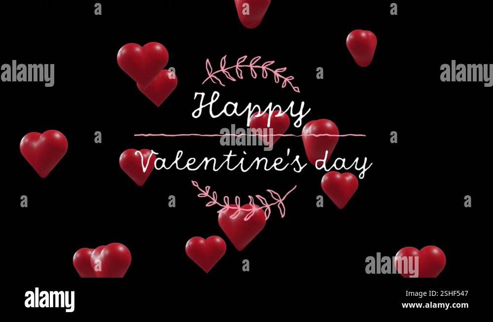 Animation of happy valentine's day text over red hearts on black ...