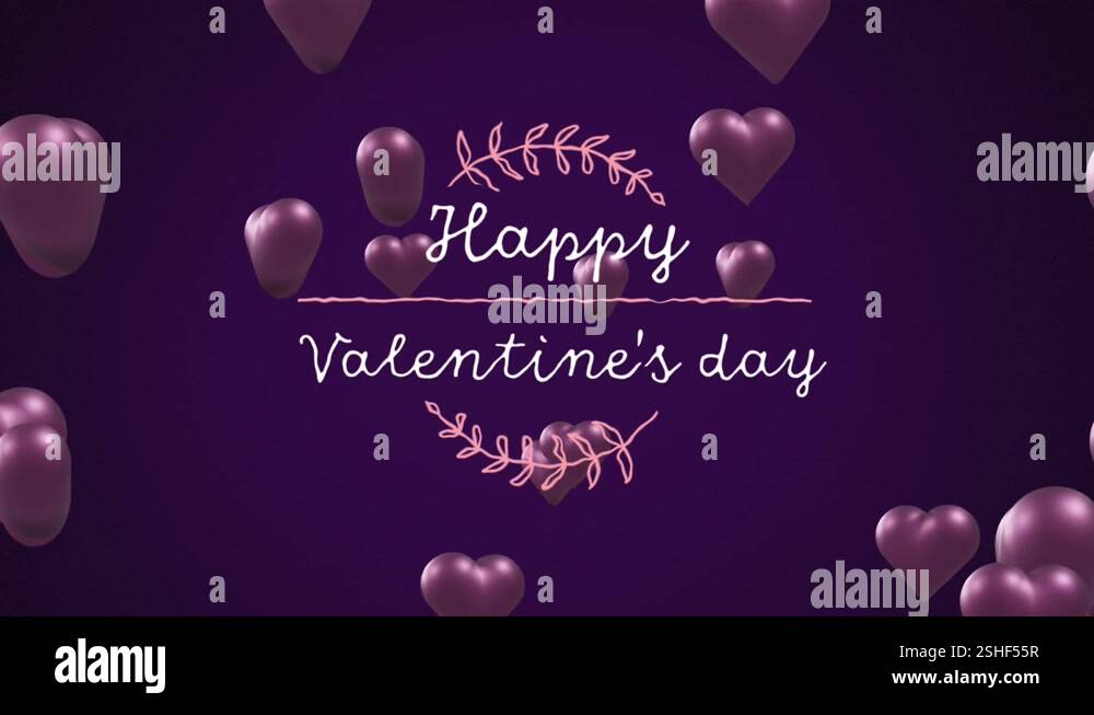 Animation of happy valentine's day text over purple hearts on purple ...