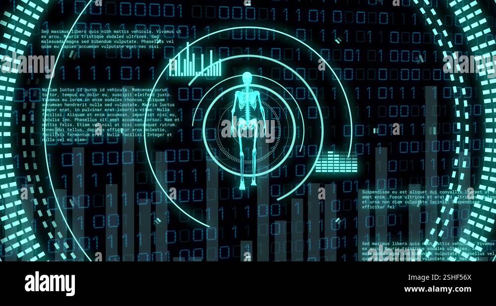 Animation of binary coding data processing and human body over scopes scanning Stock Video ...