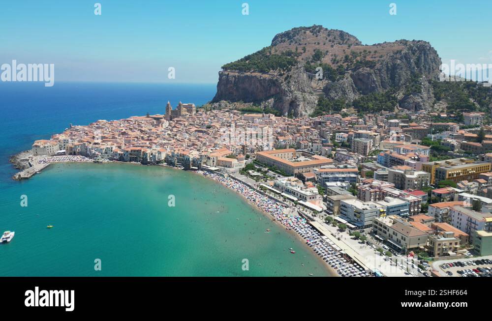 Cefalu City, Beach, Rock and Boulevard during Summer in Sicily, Italy ...