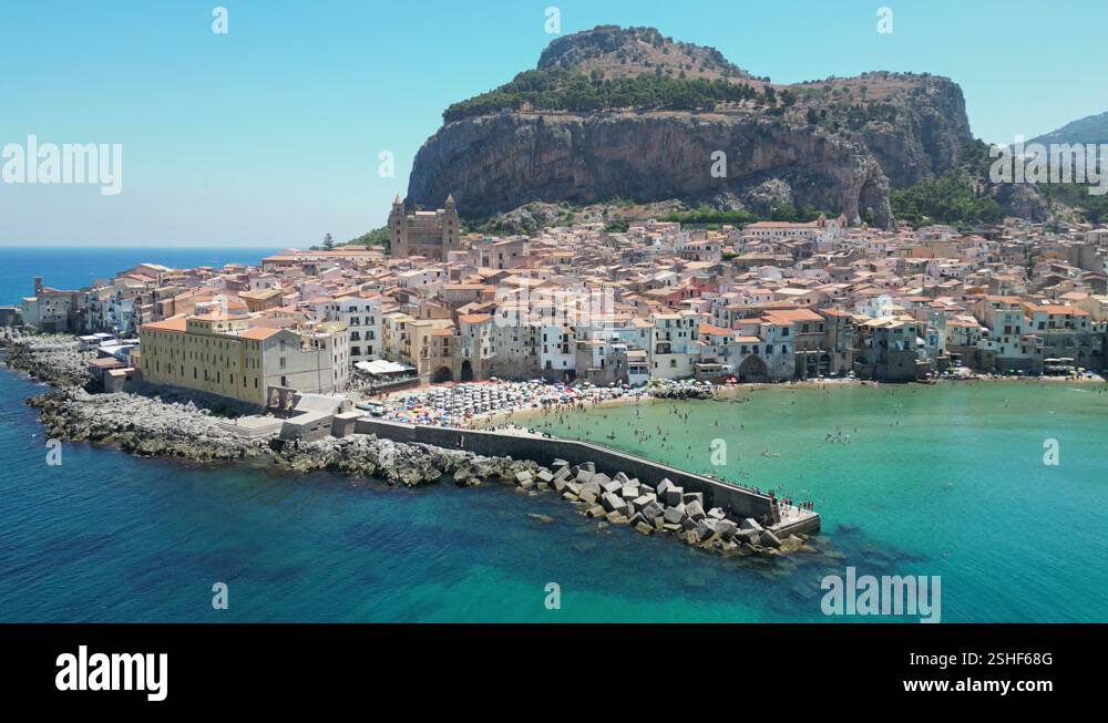 Cefalu City, Beach and Rock during Summer in Sicily, Italy - Aerial 4k ...