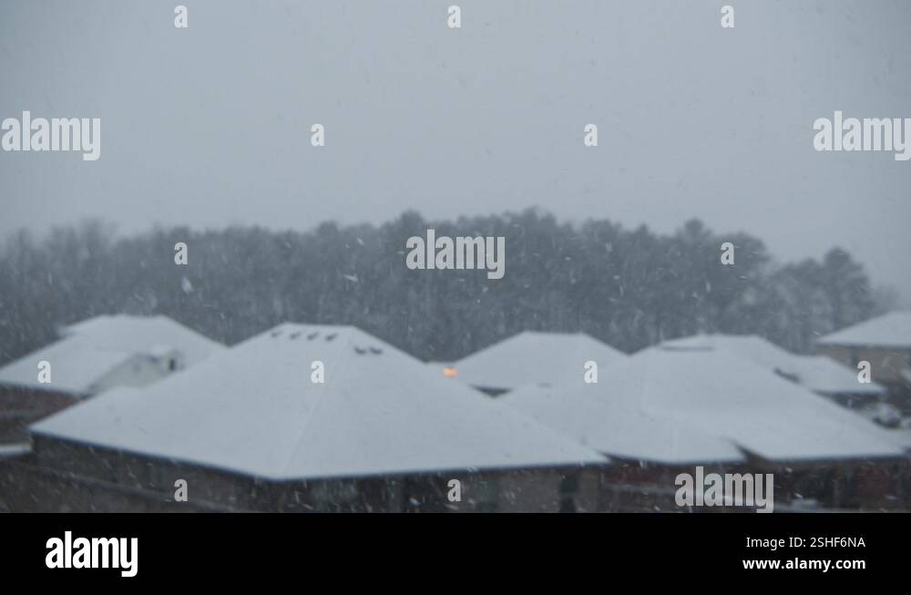 snow falling quickly with a suburban neighborhood and trees in the ...