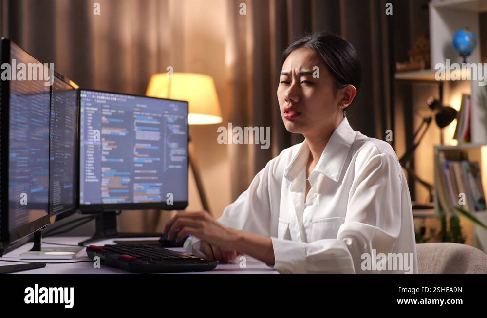Asian Woman Programmer Yawning While Creating Innovative Software Engineer Stock Video Footage ...