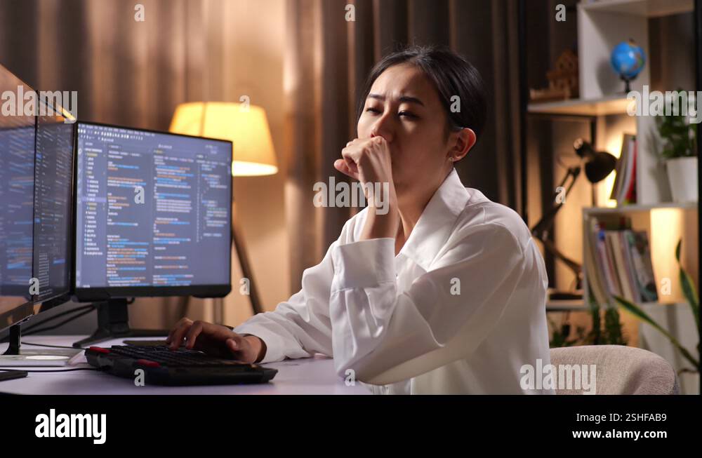 Asian Woman Programmer Yawning And Sleeping While Creating Innovative Software Stock Video ...