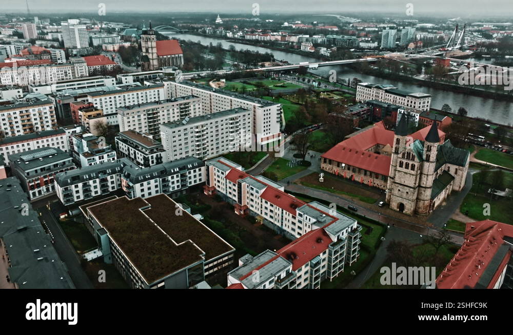 Aerial view of Magdeburg city, Germany in winter Stock Video Footage ...
