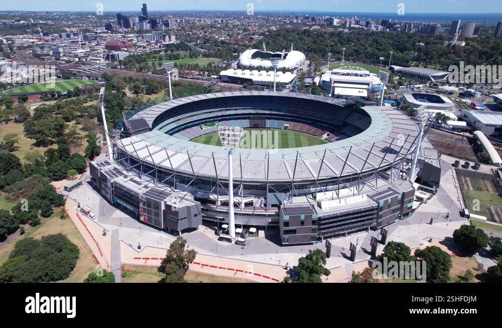 World Famous Melbourne Cricket ground MCG aerial circling summertime ...