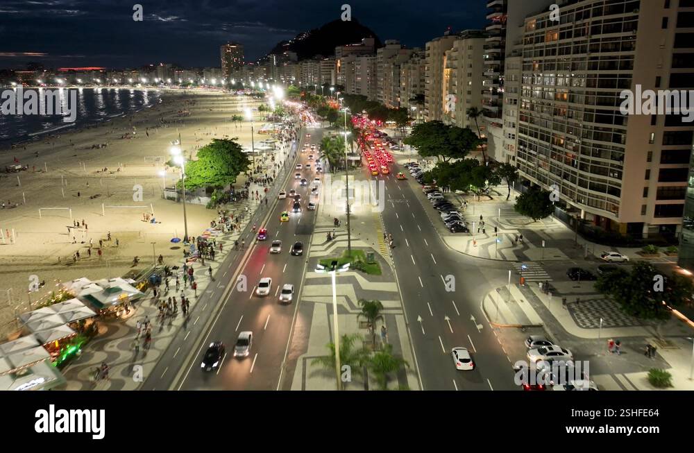 Night Traffic At Copacabana Beach In Rio De Janeiro Brazil. Dark Night ...