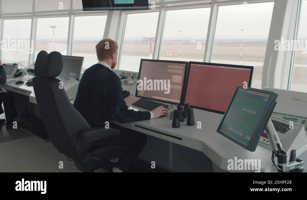 Workplace of the professional air traffic controller in the control ...