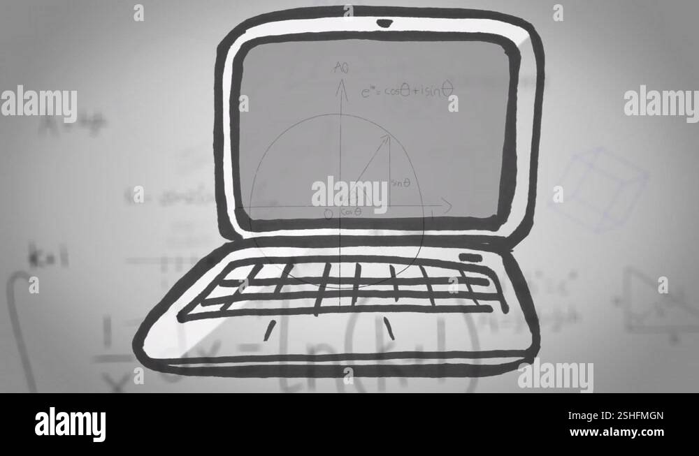 Animation of cartoon laptop over math formulas on white background ...