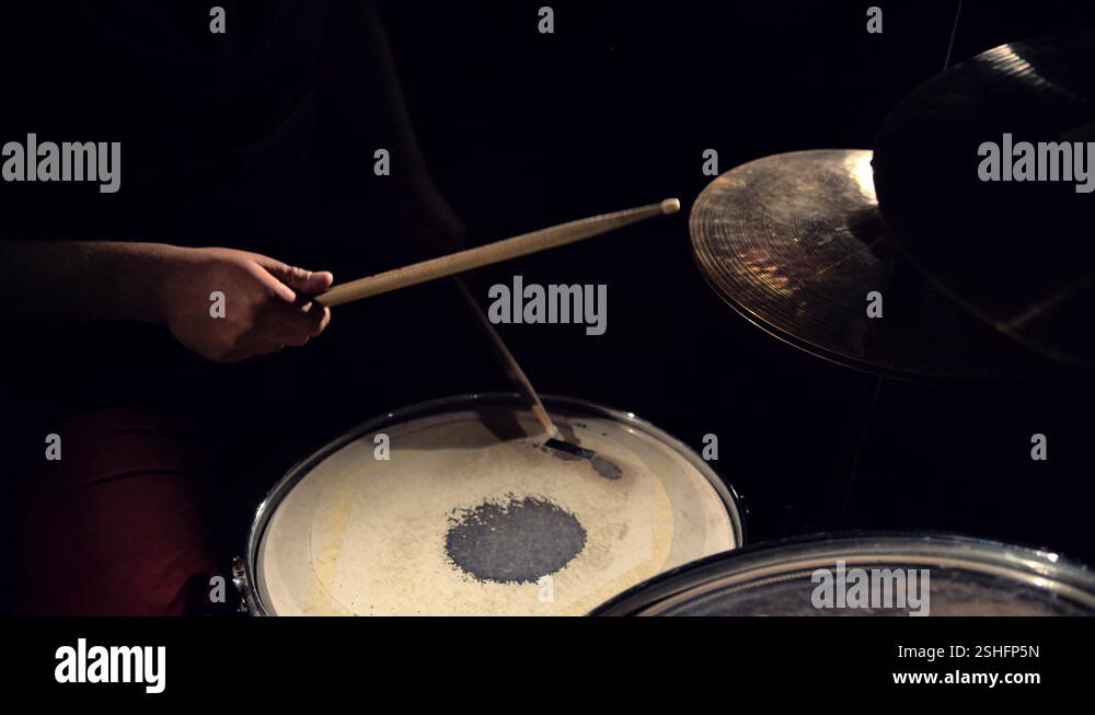 Hands of drummer musician man playing rhythmically hitting drum kit ...