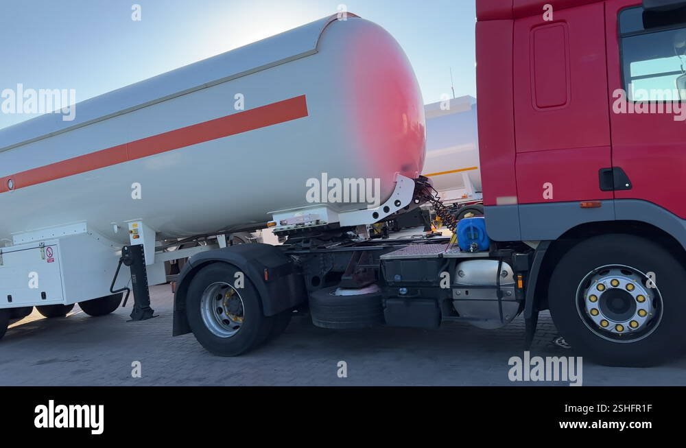 Tanker truck (Gasoline tanker, gas truck, fuel truck) stands in the ...
