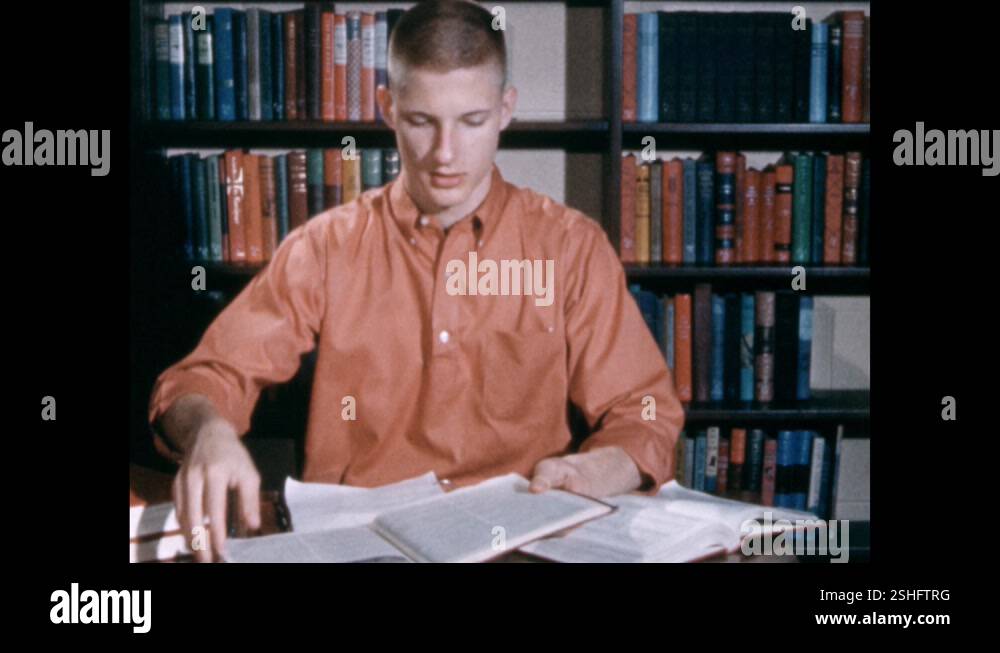 1960s: Library. Young man reads and takes notes. Pictures with captions ...