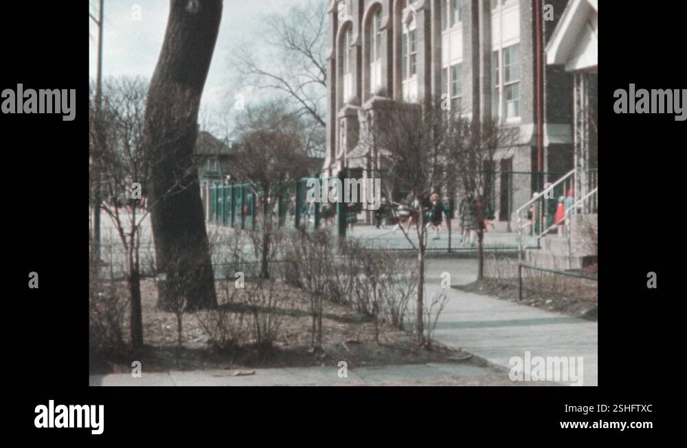 1970s: children walking to school, students in schoolyard, snow falling ...