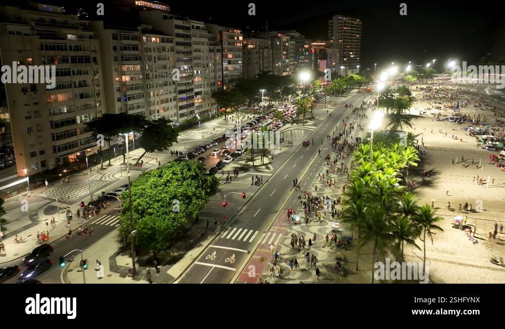 Night Landscape At Copacabana Beach In Rio De Janeiro Brazil. Dark ...