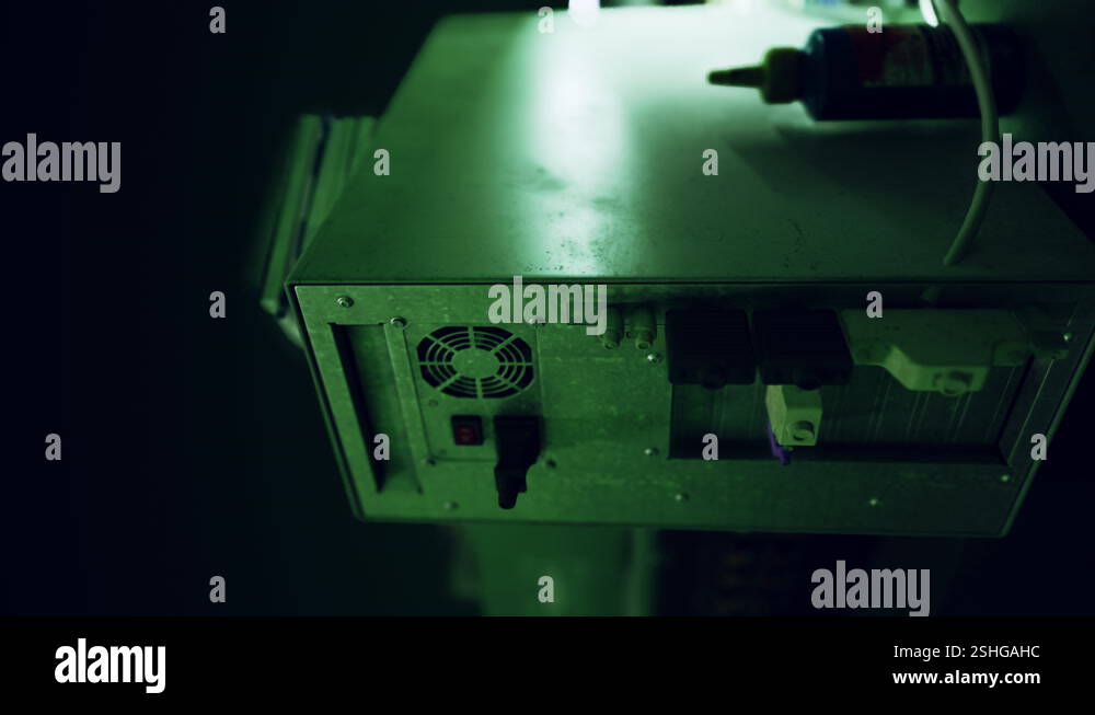 vertical of Old computers from the 80s in an abandoned computing center ...