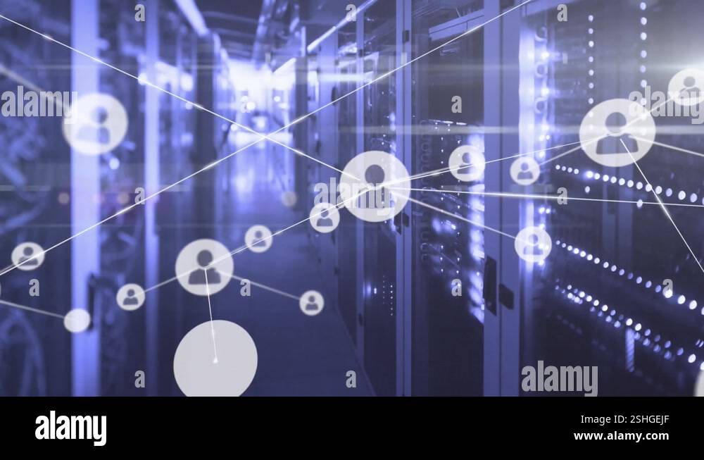 Animation of network of profile icons and rainbow lens flare against ...