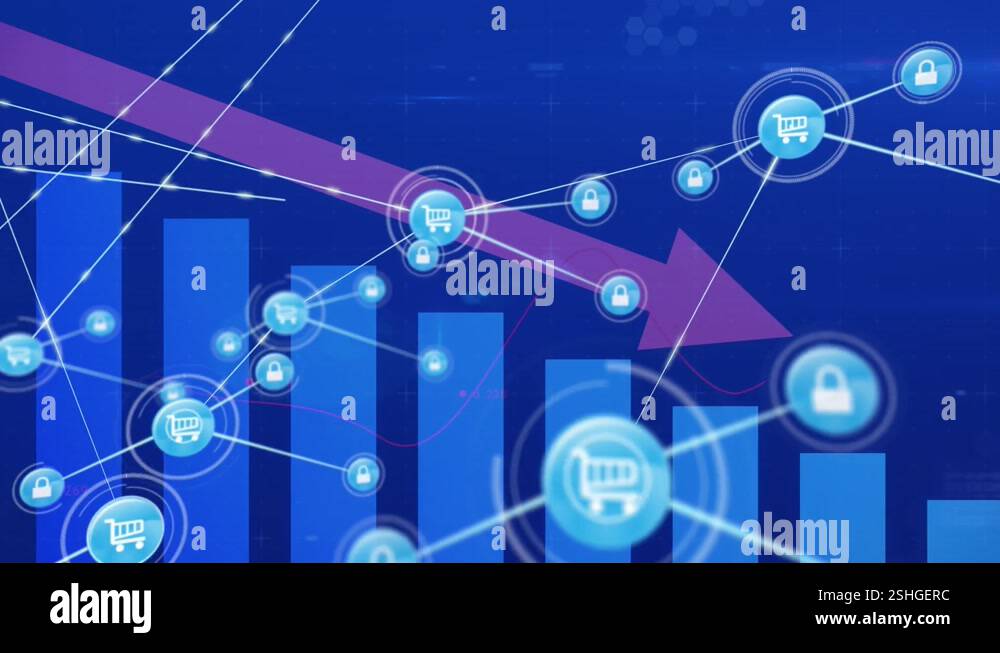 Animation of network of digital icons over statistical data processing ...