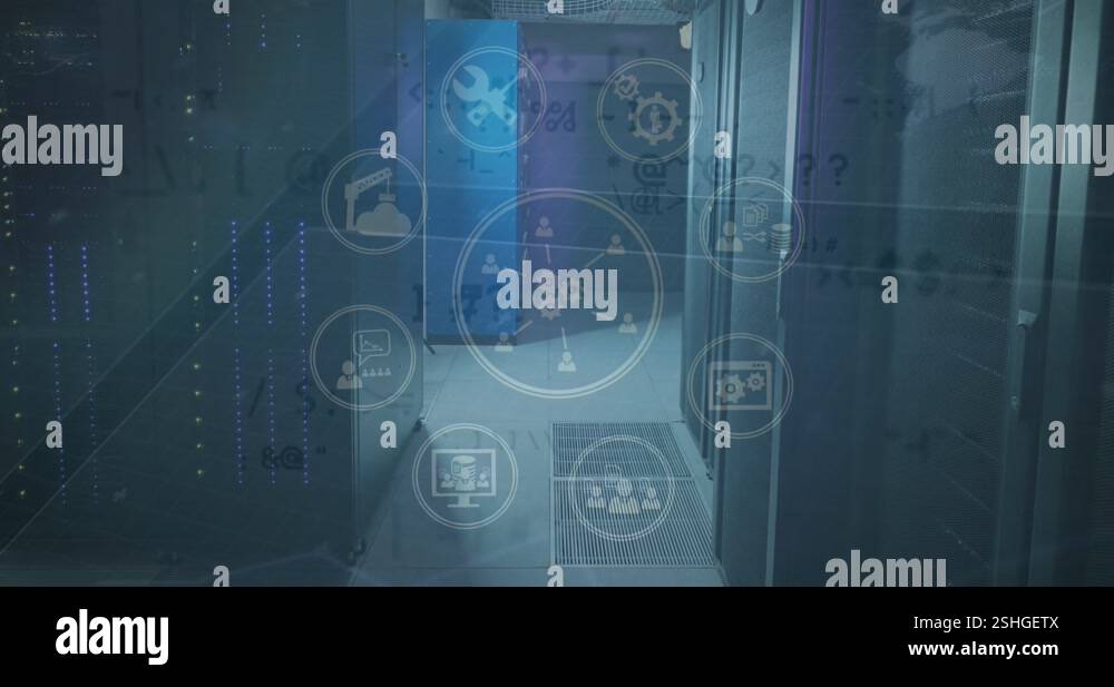 Animation of digital icons and changing symbols against computer server ...
