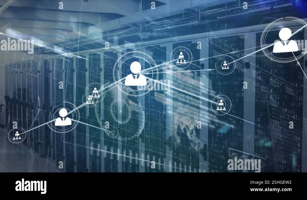 Animation of network of connections with icons over data processing and ...