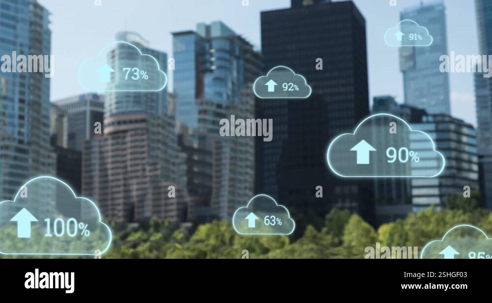 Animation of growing numbers with up arrows in clouds over modern ...