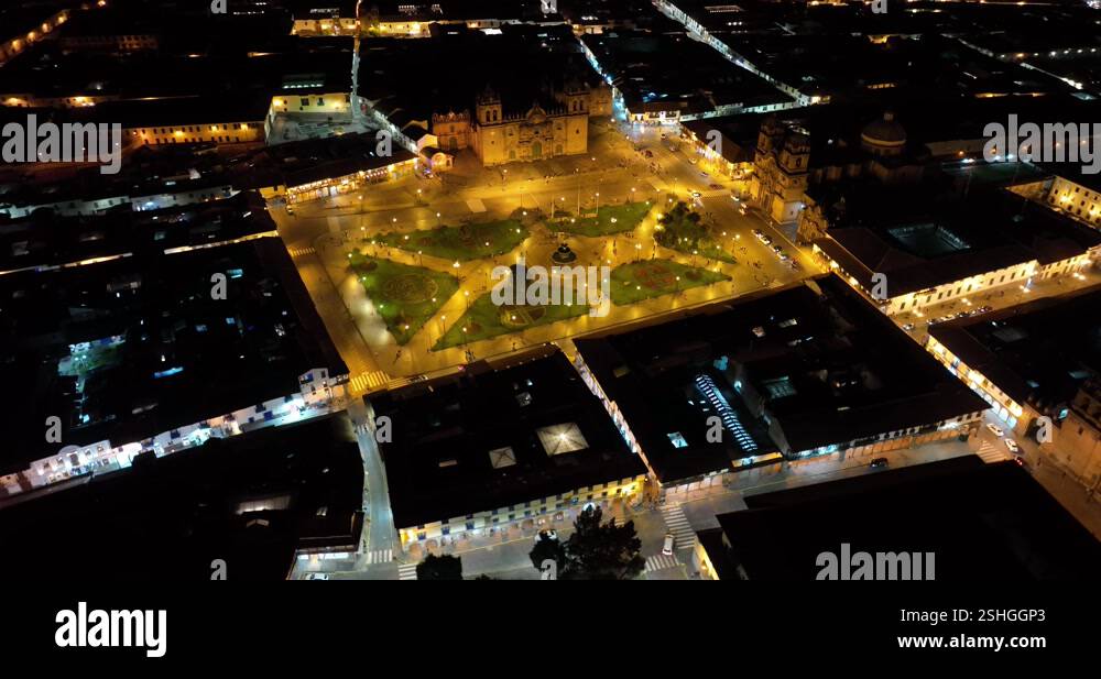 Cusco, Peru at night. Aerial above view drone high resolution 4k Stock ...