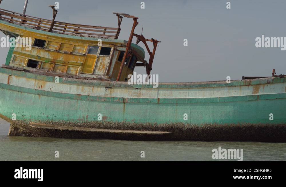 Wreck Boat On Shallow Water In Asia, Beached Nautical Vessel - Static ...