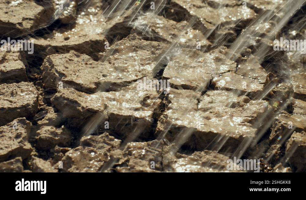 Heavy rain pouring on dry cracked soil, water saving land from drought ...